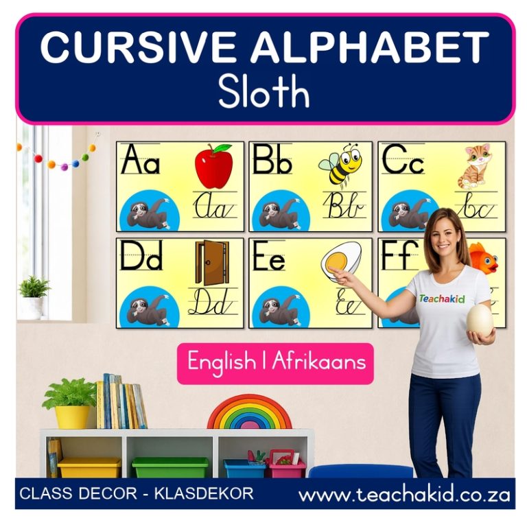 Sloth Cursive Alphabet (printed) - Teachakid